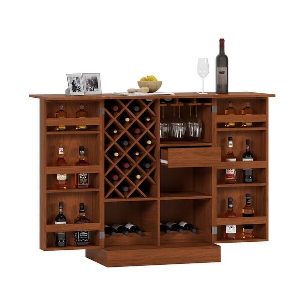 Industrial Rattan Door Fold Out Bar Cabinet with Storage Bar Table ...