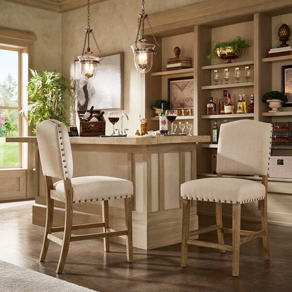Benchwright Premium Nailhead Upholstered Counter Height Chairs Set of 2 by Inspire Q Artisan Beige