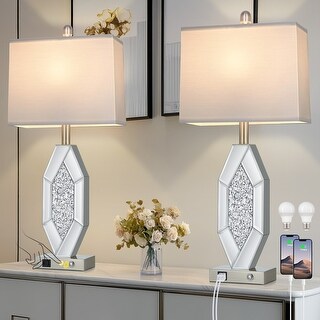 28'' Bedside Modern Crystal-Accented Table Lamp Set with USB Type-C ...