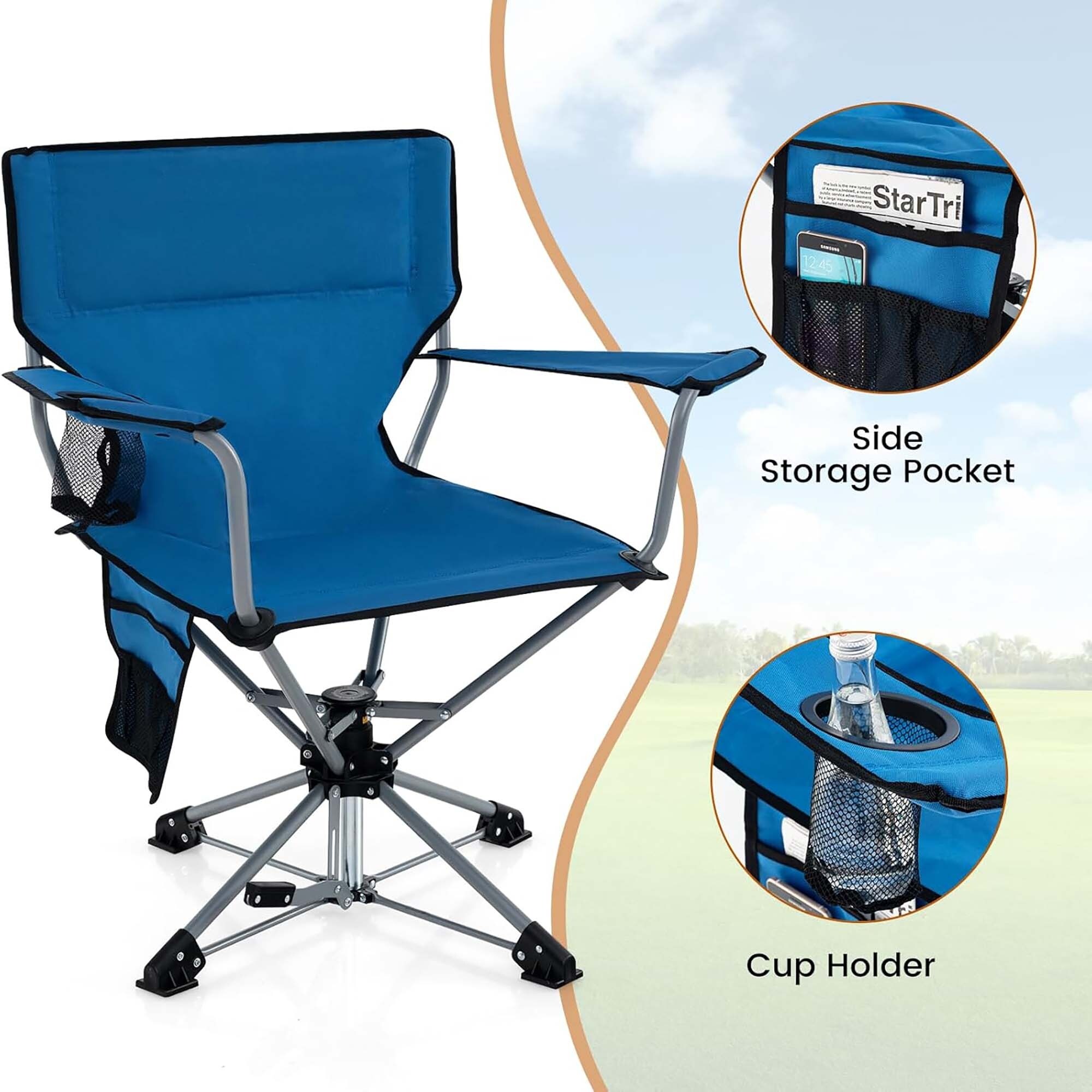 360 Swivel Hunting Chair Portable Foldable Hunting Chair with Mesh Cup Holder and Storage Pockets Blue costway