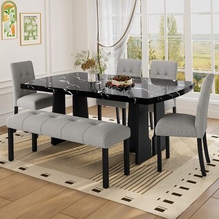 63" Faux Marble Top Dining Table Set with Bench and 4 Chairs (6-Piece ...