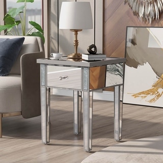 Modern Glass Mirrored End Table w/Drawer, Corner Table for Living Room ...