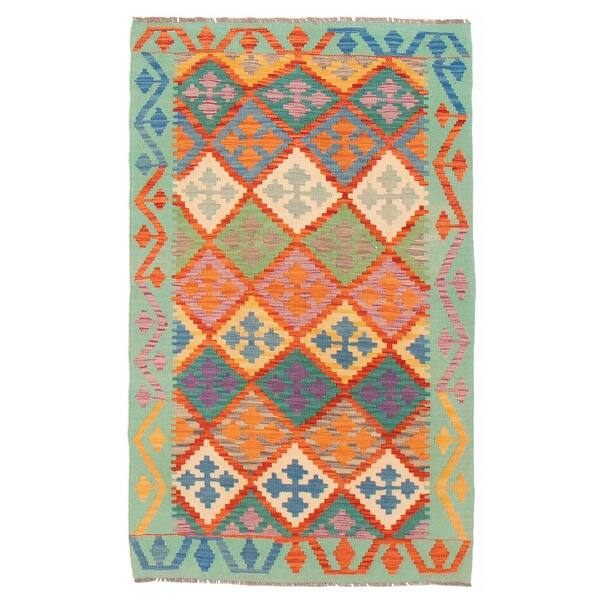 ECARPETGALLERY Flat-Weave Bold and Colorful Cyan Wool Kilim - 3'2 x 5'3 ...