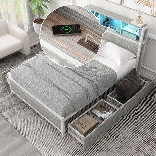 Metal Bed w/4 Drawers, Sockets, USB, LED, Built-in Shelf Headboard ...