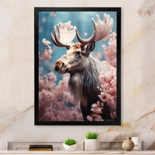 Designart "Pink Moose Spring Awakening I" Moose Framed Canvas Art Print ...