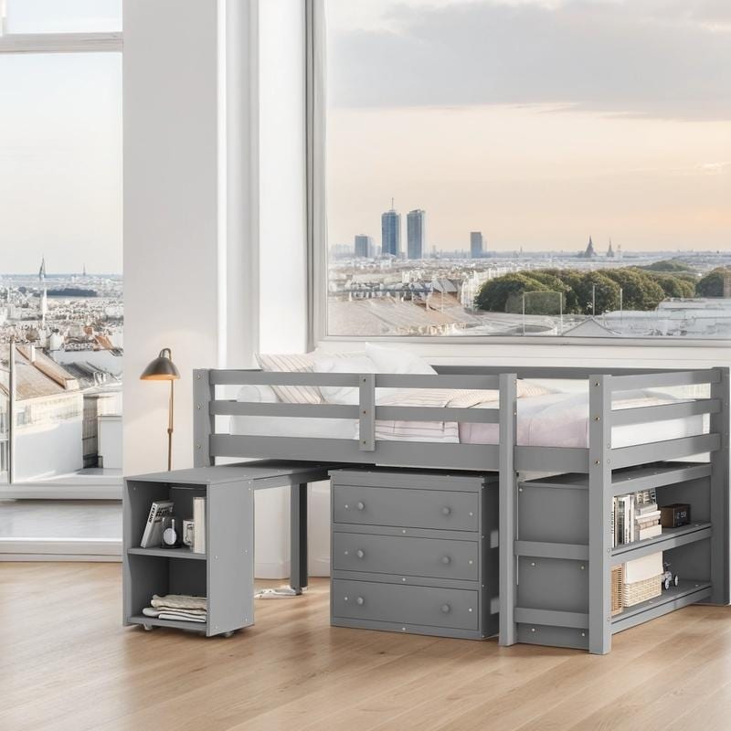 Classic Elegant Full Loft Bed with Cabinet and Rolling Portable Desk ...