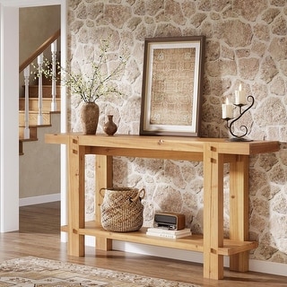 63" Long Farmhouse 2-Tier Solid Wood Console Table for Entryway, Living ...