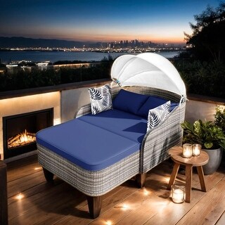 79.9" Outdoor Sunbed with Adjustable Canopy and Pillows, Blue Cushion ...