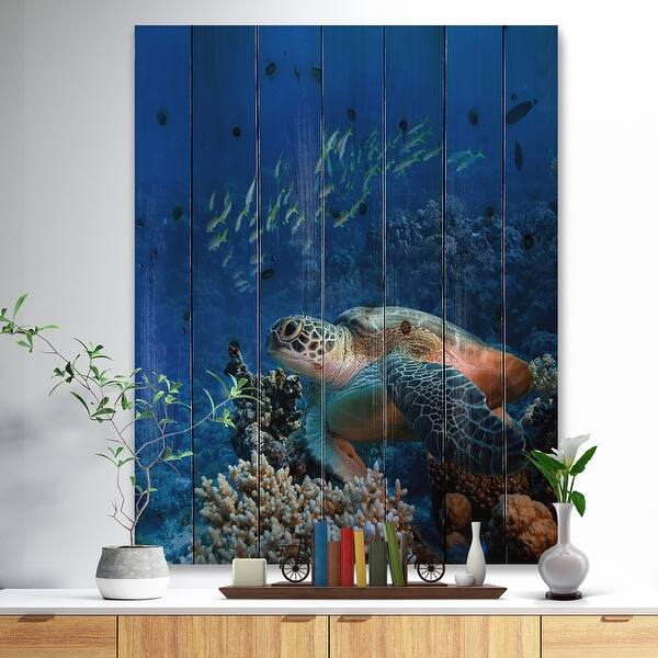 Designart 'Large Sea Turtle Underwater' Traditional Wood Wall Art ...