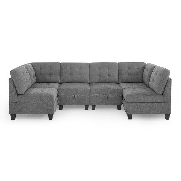 Grey Chenille 6-Piece Modular Sectional Sofa with Hidden Storage - Bed Bath & Beyond - 39614890