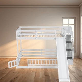 Sturdy Pine Twin Over Full Bunk Platform Bed Frame with Slide, Storage ...