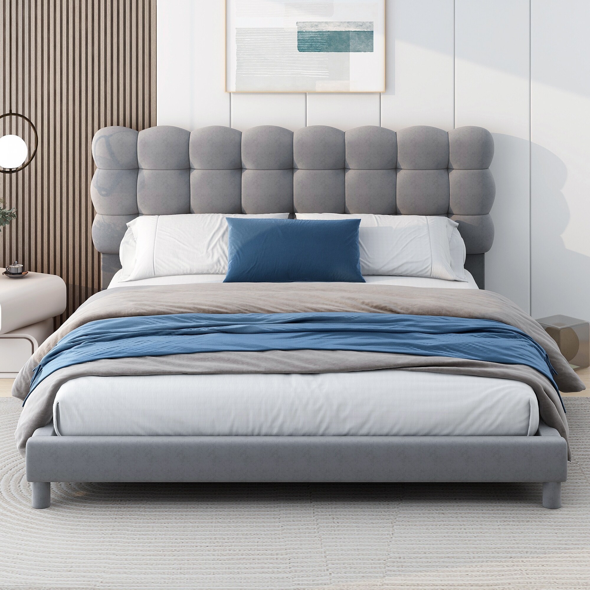 Noise Reduction Full Bed Frame Low Profile Platform Bed Velvet Slats