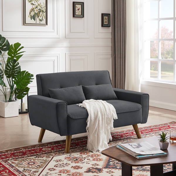 48.82 Small Tufted Loveseat Sofa with 2 Pillows and Tapered Wood Legs On Sale Bed Bath Beyond 38102604
