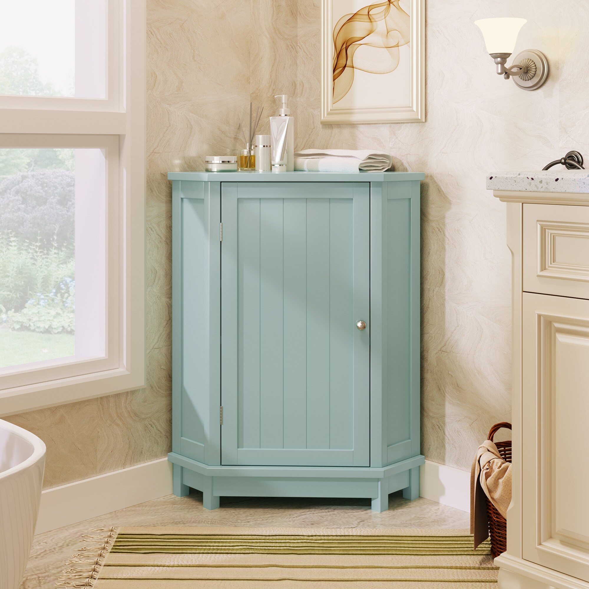 Bathroom Triangle Corner Storage Cabinet w Adjustable Shelf 3 tier Green Storage Medicine Cabinet Free Standing Floor Cabinet Bed Bath Beyond 39499381