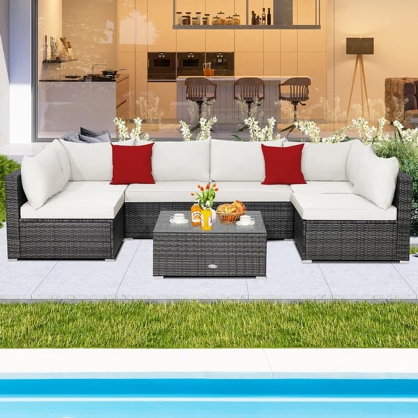 Costway 7PCS Patio Rattan Furniture Set Sectional Sofa Cushioned - 28.5 ...