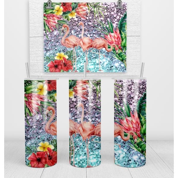 Pink Flamingos and Hibiscus 20 Oz Skinny Metal Tumbler w/Lid and Straw ...