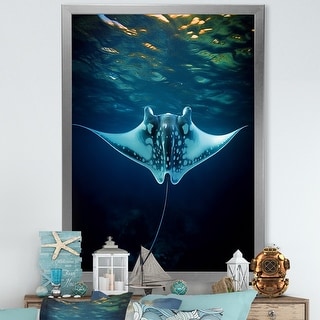Designart "Giant Oceanic Blue Manta Ray " Coastal Coral Under Water ...