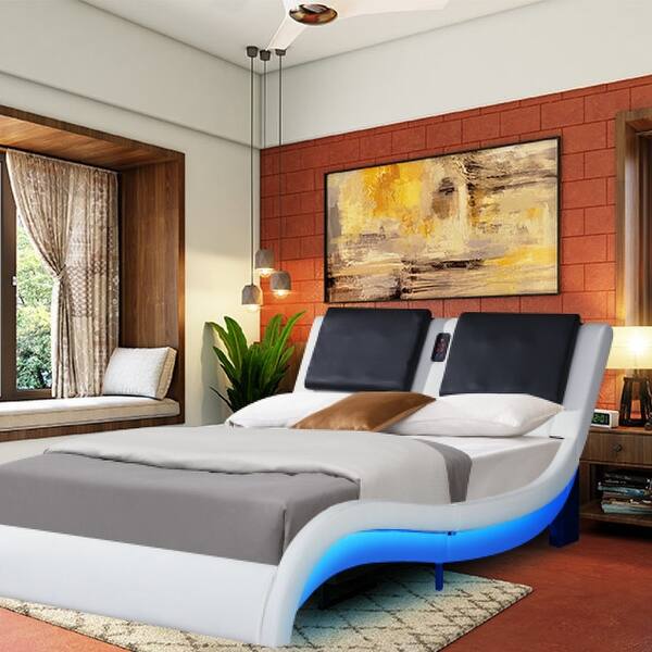 Bluetooth connection bed frame White led bed MDF bed leather - Bed Bath ...