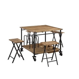 Plank Design Wooden 5 Piece Dining Set with Foldable Stools, Brown ...