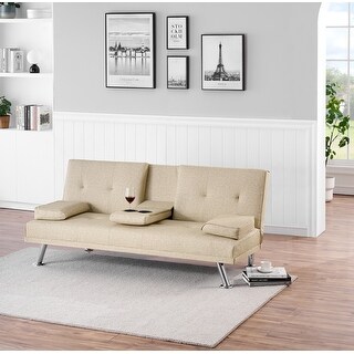 Beige Multifunctional Double Futon Sofa Bed with Central Cup Holder and ...