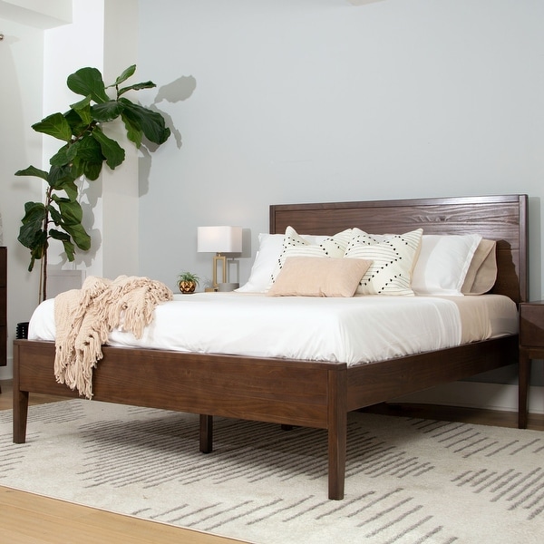 Nura Mid-Century Walnut Brown Wood and Rattan Platform Bed - Full - On ...