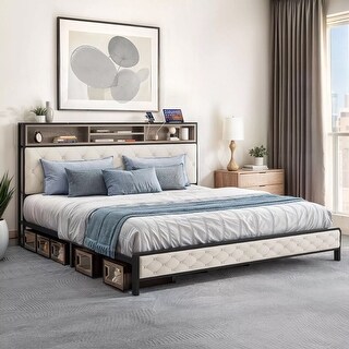 King Size Bed Frame Shelves Charging Station Diamond Tufted Headboard ...