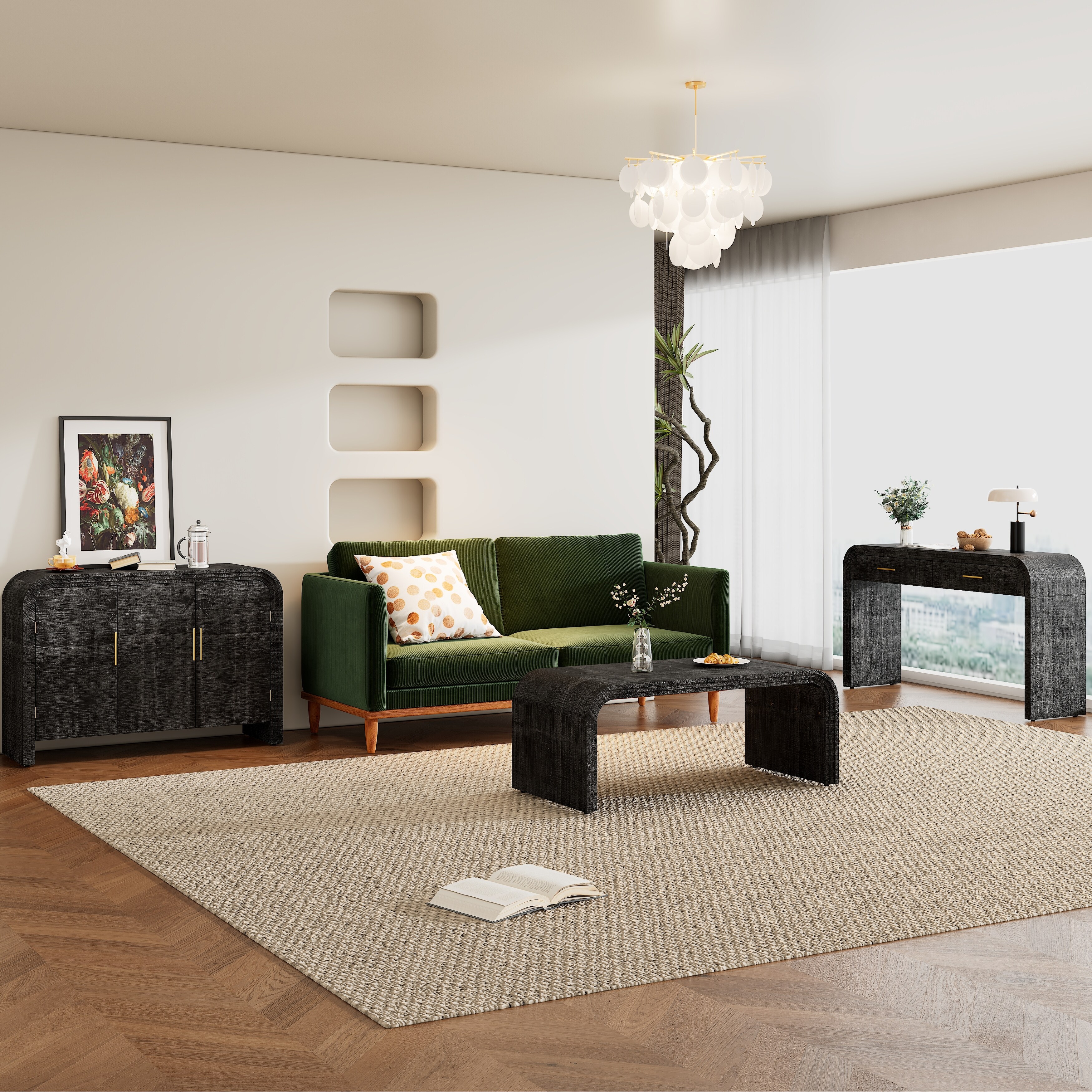 Retro Curved Silhouette 3 Piece Set Sideboard Console Table and Coffee Table for Elegant Living Room Dining Room Entryway