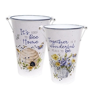 White Painted Metal Floral Buckets Set with Bee and Home Text 2 Asstd ...