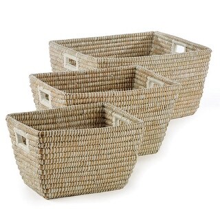Set of 3 Woven Natural Beige and Gray Rectangle Baskets with Handles in ...