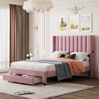 Full Size Velvet Upholstered Platform Bed with Cushioned Headboard and ...