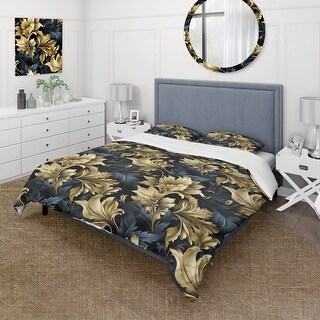 Designart "Dark Blue And Golden Gilded Damask Glamour II" Damask bed ...