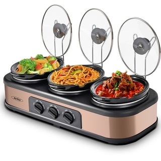 4.5 QT Bronze Color Triple Glass Lid PP 3 Crockpot Buffet Slow Cooker ...