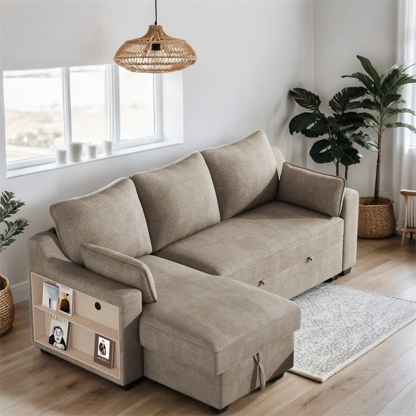 90" L-Shaped Storage Pull Out Sofa Bed with Storage Racks and USB Port ...