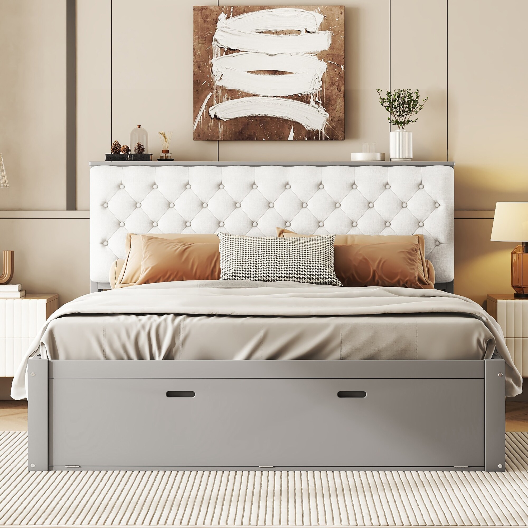 Grey Simple Natural Queen Size Platform Bed with Storage Upholstery Headboard Solid Wood Bed Frame with Shoe Rack 4 Drawers On Sale Bed Bath Beyond 40259727