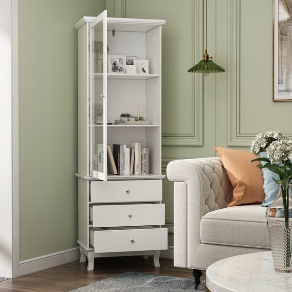 70.9"H Display Cabinet Drawers Glass Doors Bookcase Storage Cabinet ...