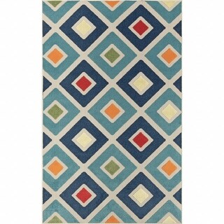 5' X 8' Navy Blue Red Orange And Off White Geometric Stain Resistant ...