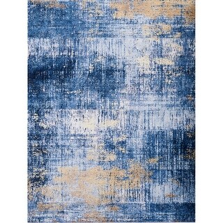 Collection Abstract Design Blue Gold Machine Washable Super Soft Area ...