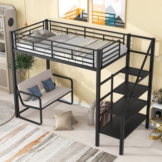Twin Size Sturdy Metal Loft Bed with Bench, Storage Stairs & Guardrail ...