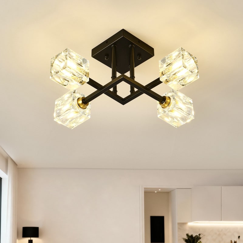 4-Light Modern Crystal Pendant Light, Black Flush Mount Low Profile ...