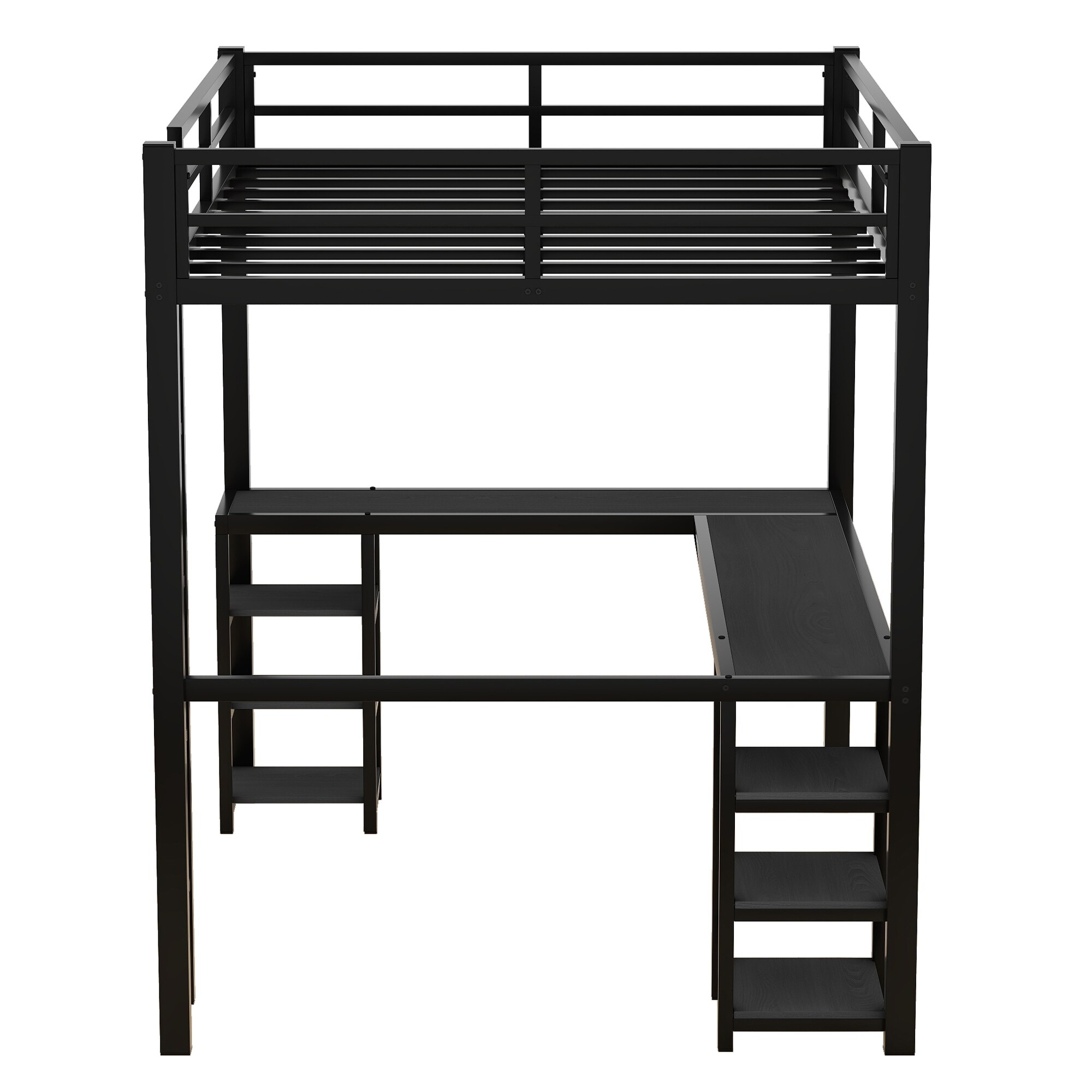 Full Size Black Metal Loft Bed with Desk Storage and Guardrails for Compact Living Spaces