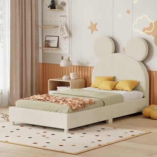 Beige Velvet Upholstered Bear Ear Platform Bed, Eye-catching Design ...