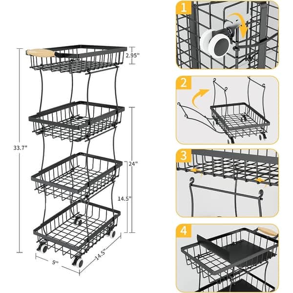 4/5/6 Tier Stackable Metal Wire Basket Cart with Rolling Wheels Utility ...