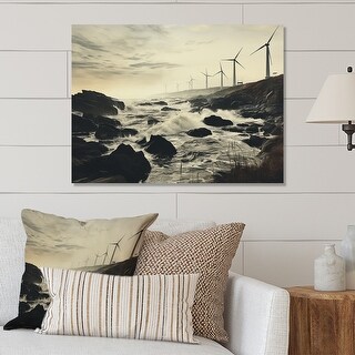 Designart "Wind Turbines Monochrome Coastal Harvest" Landscapes Metal ...