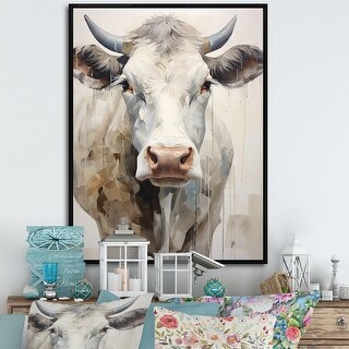 Designart "Minimalism Beige Cow Portrait II" Animals Cow Framed Canvas ...