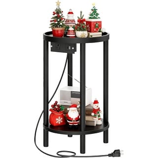 Round Side Table with Charging Station, 2-Tier Bamboo Design, Compact ...