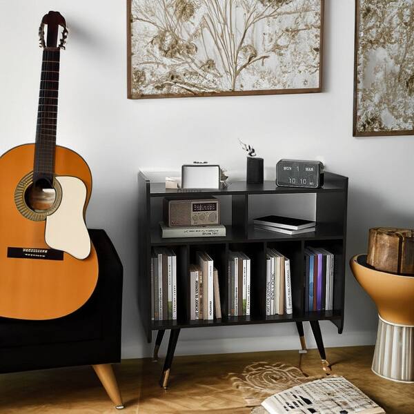 2-Tier Record Storage Shelf Turntable Stand with Charging Station - On ...