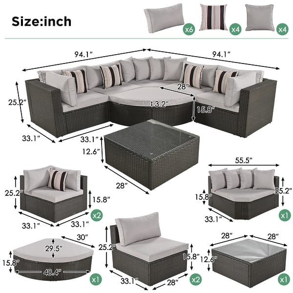 7-Piece Outdoor Wicker Modular Sofa Double Half Round Conversation Sets ...
