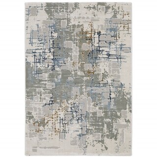 5' X 8' Grey Blue Brown Ivory And Deep Blue Abstract Power Loom Stain ...