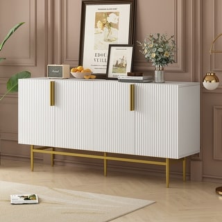 White Particle Board Storage Cabinet 4-Door Sideboard Gold Metal Handle ...