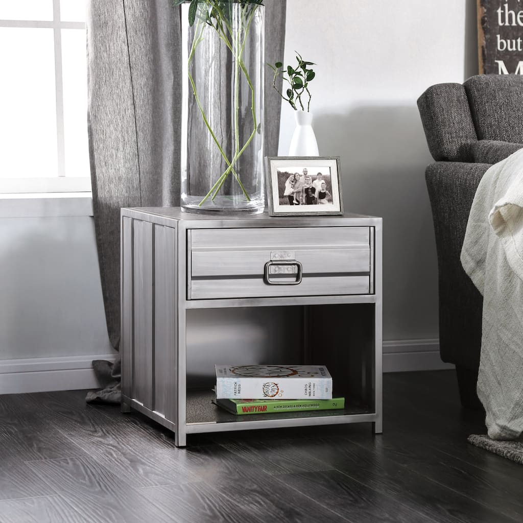 Woolf Industrial Silver Metal 1-Drawer Nightstand with USB Ports by ...